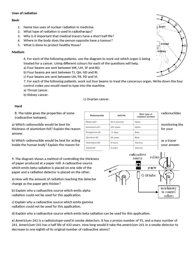 Uses of Radiation Worksheet | PDF | Radionuclide | Radioactive Decay