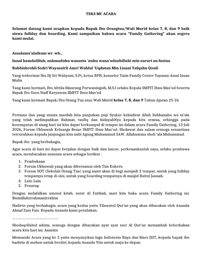 Teks MC Family Gathering SMPIT | PDF