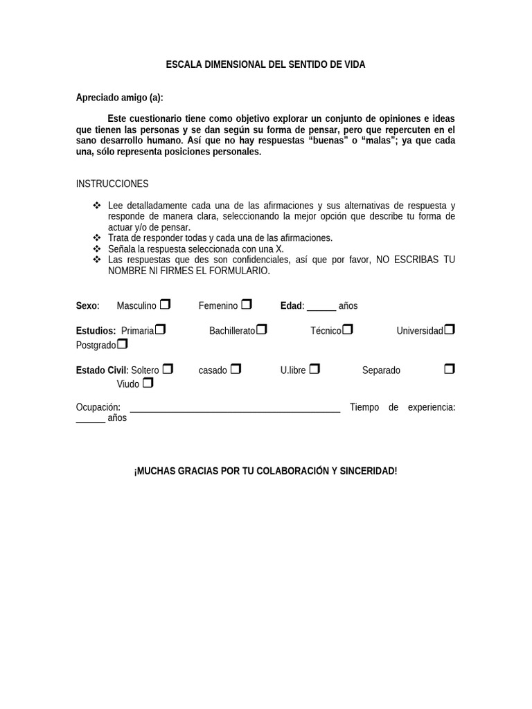 ESCALA DIMENSIONAL DEL SENTIDO DE VIDA Baremos | PDF