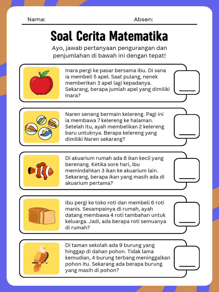 Lembar Kerja Soal Cerita Matematika Oranye Ilustratif | PDF
