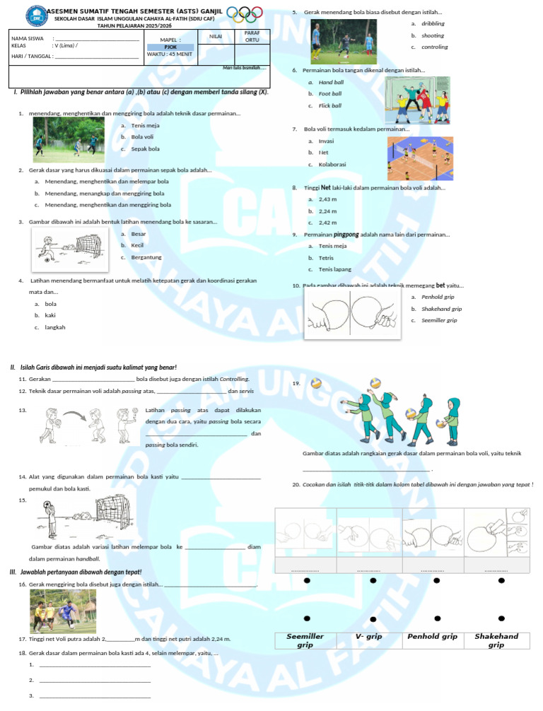 Soal Pts Ganjil Pjok Kelas 5 | PDF