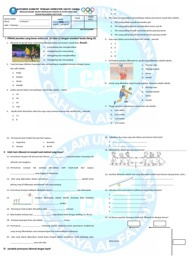 ASTS PJOK Kelas VI SDIU CAF 2025/2026 | PDF