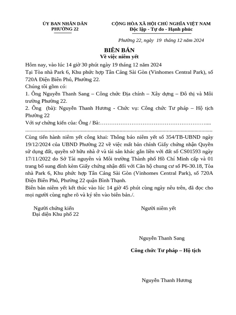Biên Bản Niêm Yết (Khu Dân Cư) | PDF
