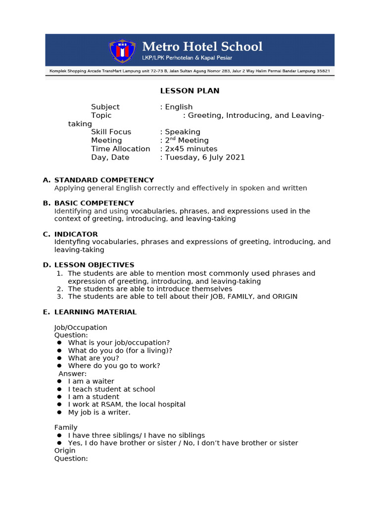 LESSON PLAN Meeting 2 Introducing Job, Family, and Origin | PDF ...