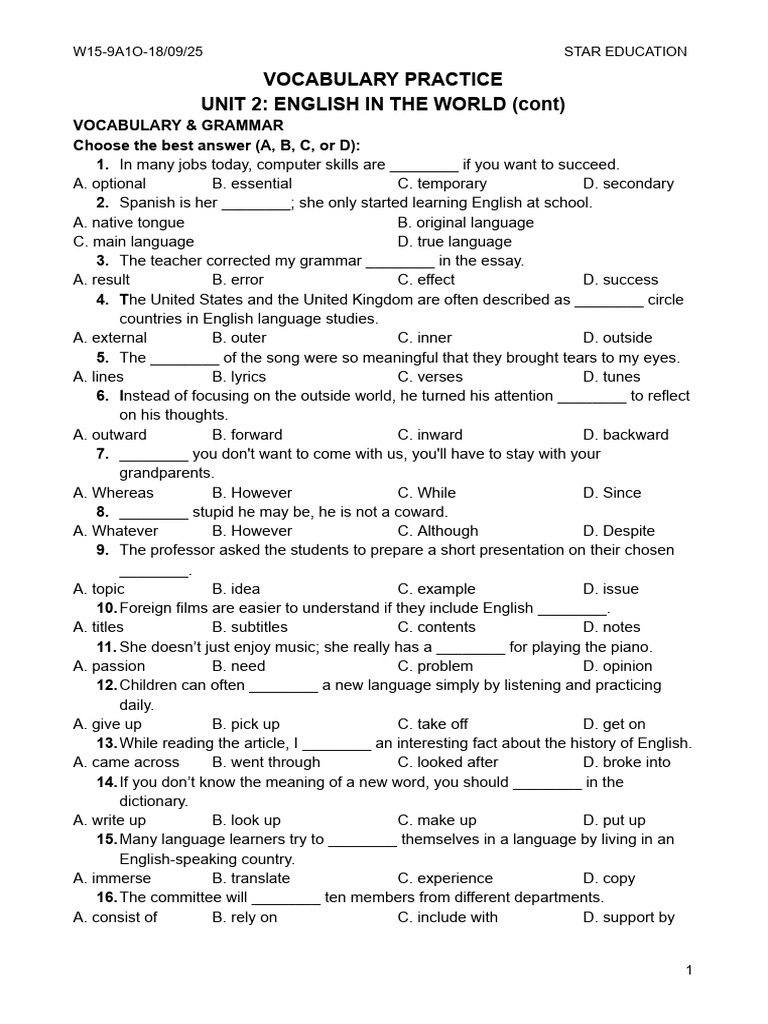 W15 Thu 9A1O Vocabulary Practice U2 | PDF | English Language | Foreign ...