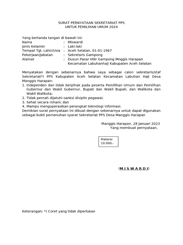 Surat Pernyataan Sekretariat Pps | PDF