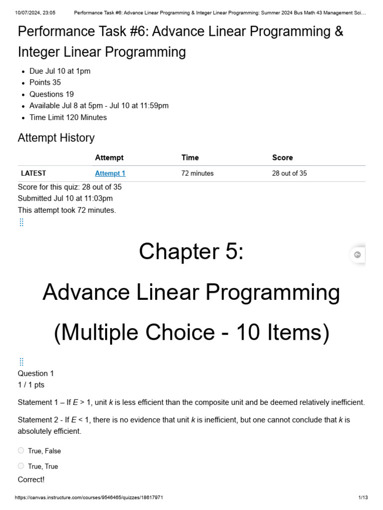 Performance Task #6_ Advance Linear Programming & Integer Linear Programming_ Summer 2024 Bus ...