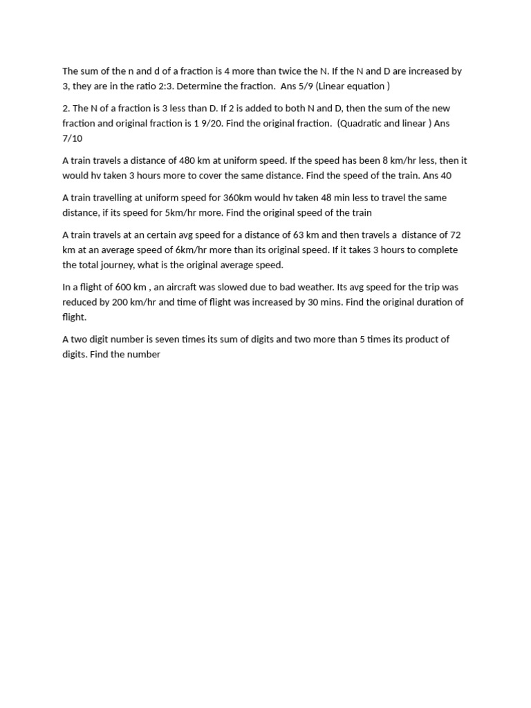 Important Questions From Quadratic Equations | PDF | Speed | Discrete ...