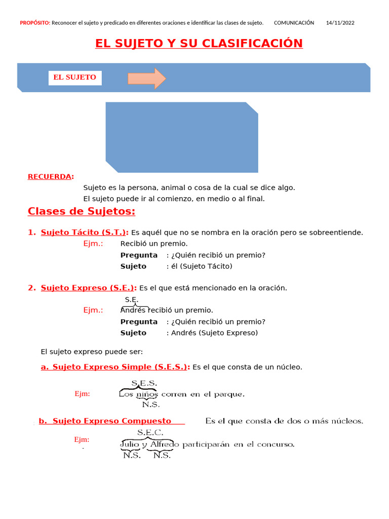 El Sujeto y Su Clasificación | PDF | Asunto (gramática)