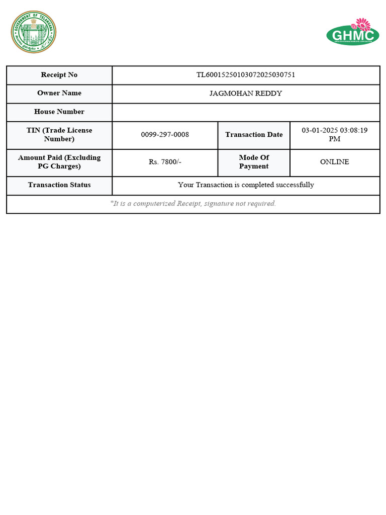 Hyderabad Trade License Receipt Details | PDF