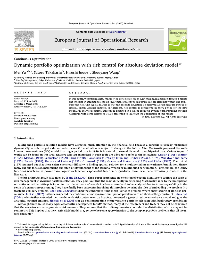 Dynamic Portfolio Optimization With Risk Control For Absolute Deviation ...