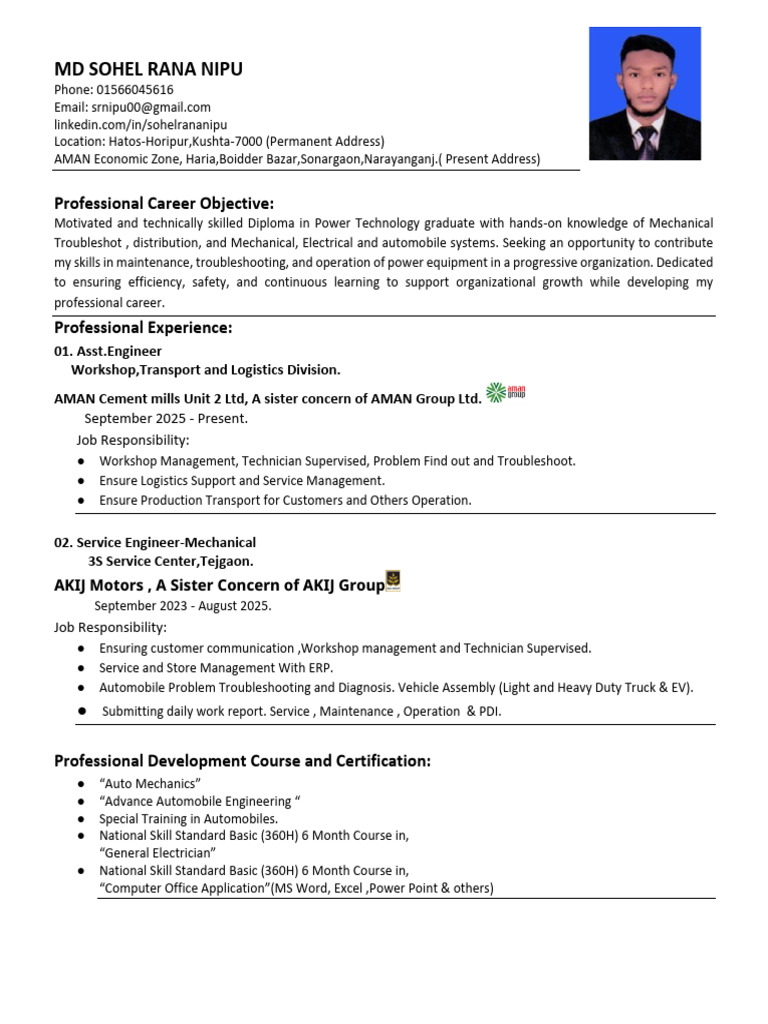 MD Sohel Rana Nipu Resume. | PDF | Auto Mechanic
