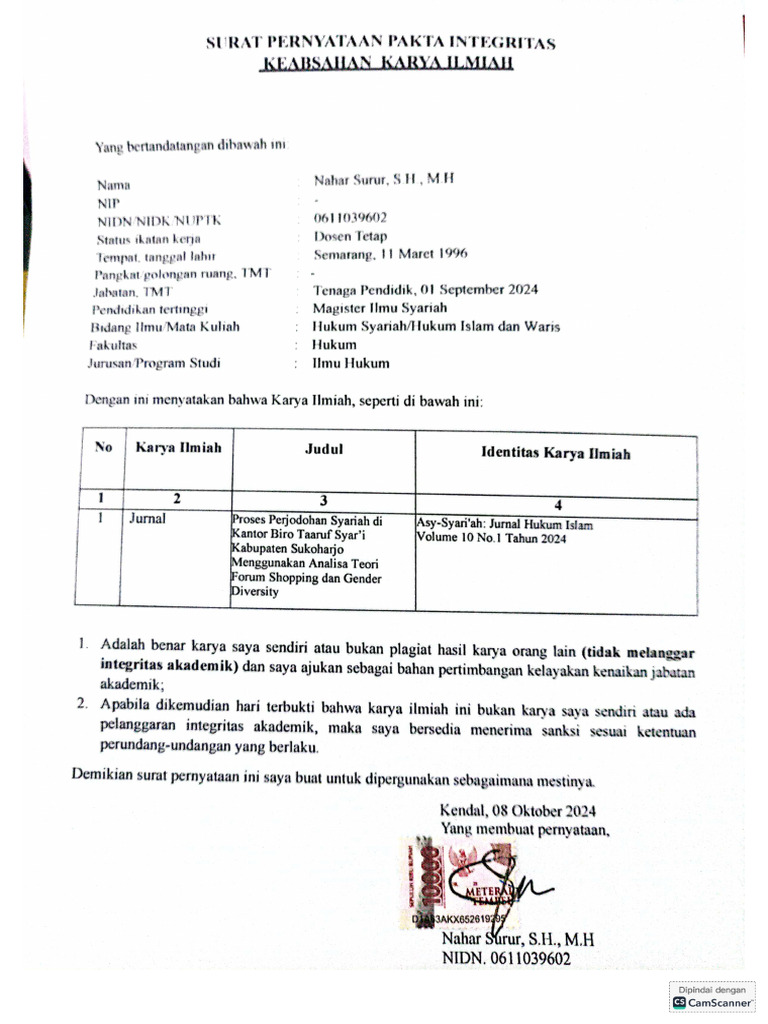 Surat Pernyataan Karya Ilmiah | PDF