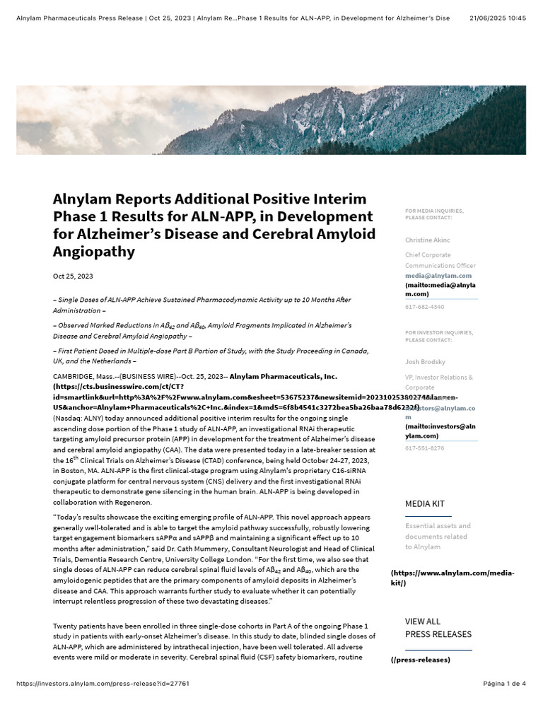 Alnylam Pharmaceuticals Press Release | PDF | Amyloid Beta | Rna ...