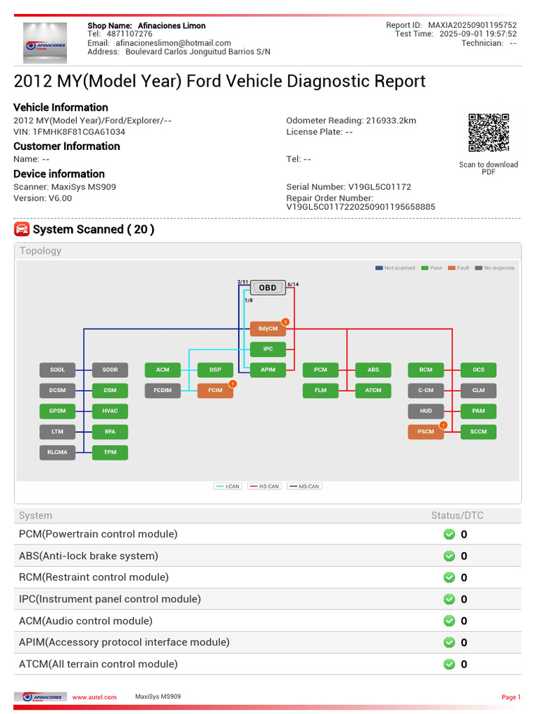 2012 MY (Model Year) Ford Vehicle Diagnostic Report - 1FMHK8F81CGA61034 ...