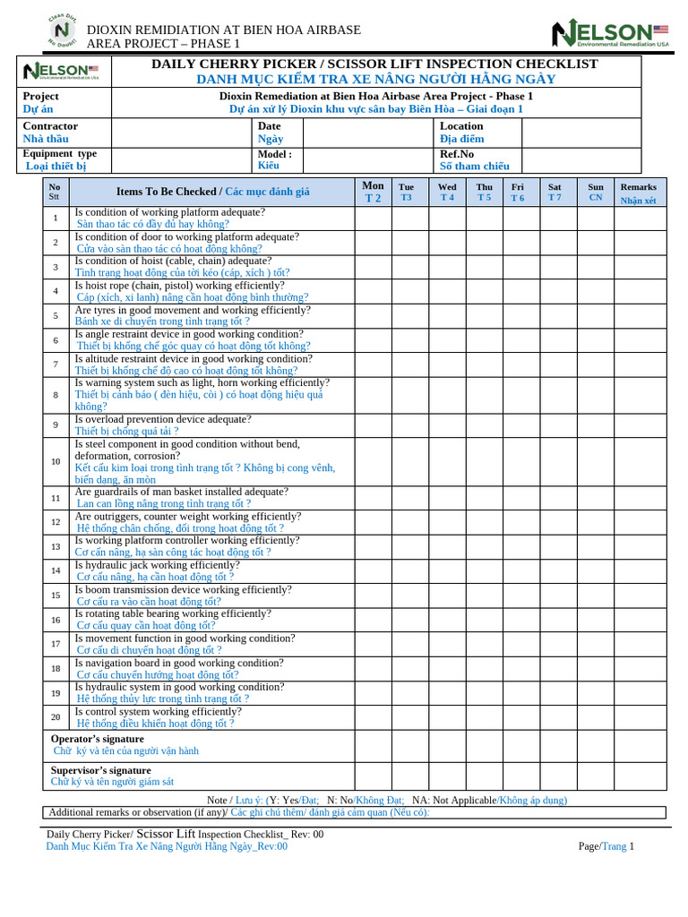 6.daily Cherry Picker - Scissor Daily Inspection Checklist - Rev.00 | PDF