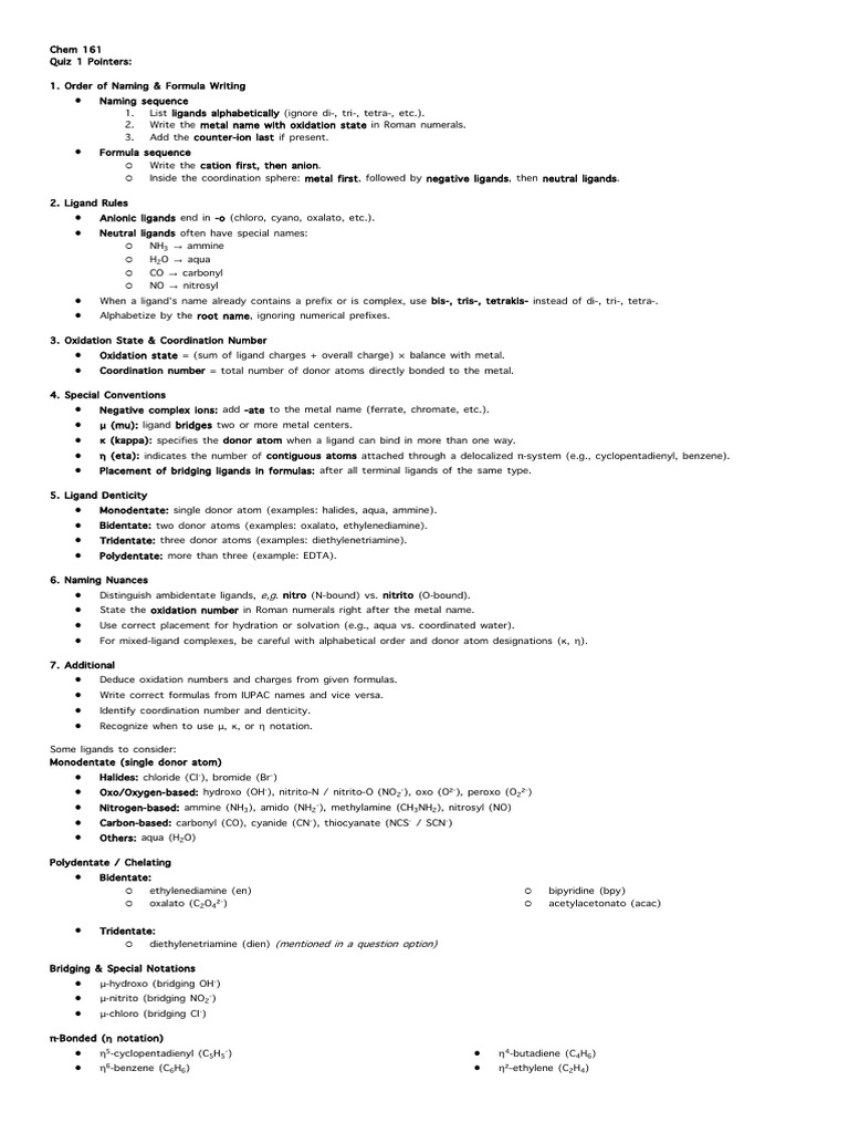 Chem 161 Quiz 1 Pointers | PDF | Ligand | Coordination Complex