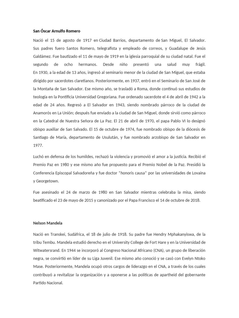 Vida y legado de Romero y Mandela | PDF | Congreso Nacional Africano ...