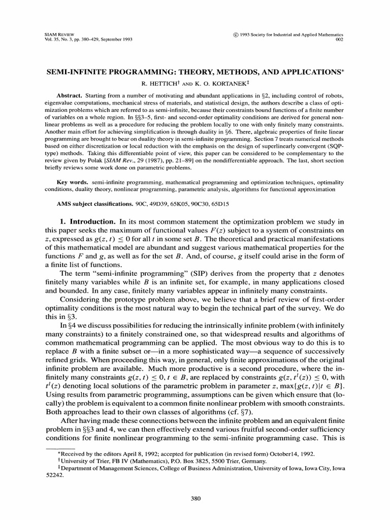 Hettich, Semi Infinite Programming | PDF | Mathematical Optimization | Applied Mathematics