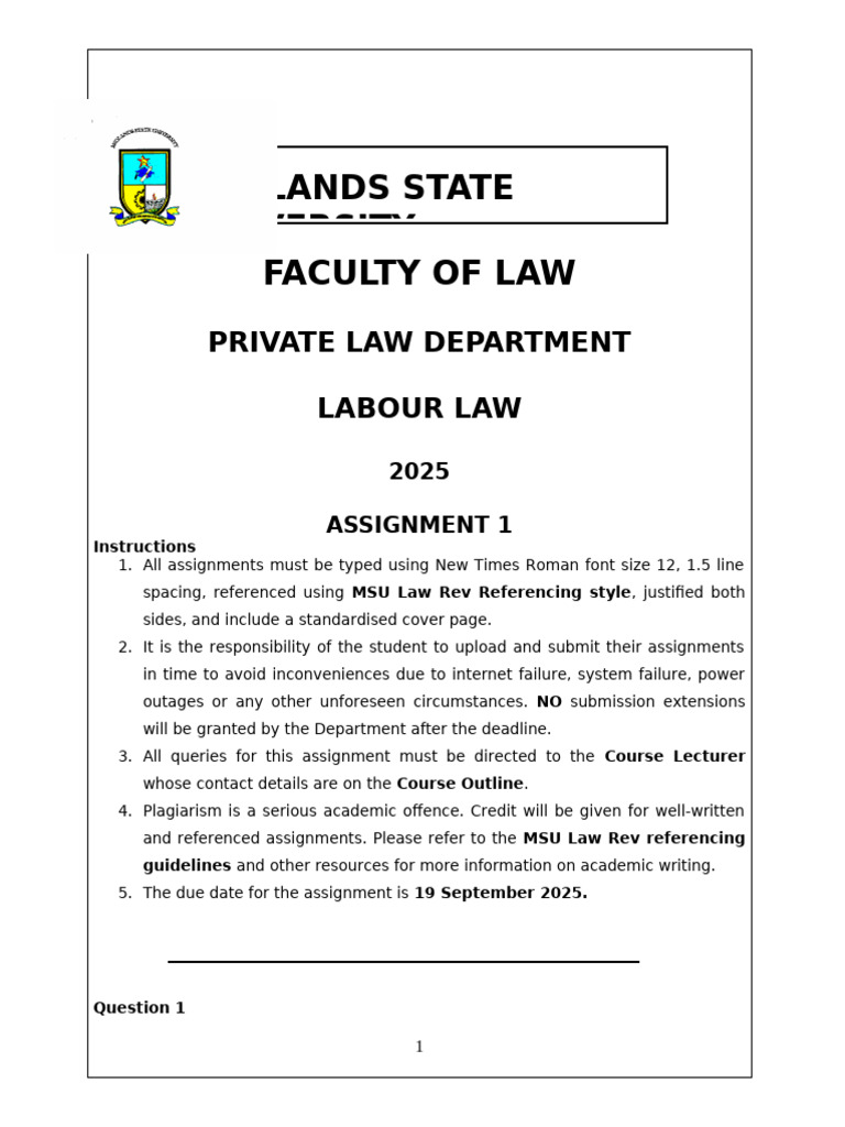 Labour Law Assignment 1 MSU 2025 | PDF