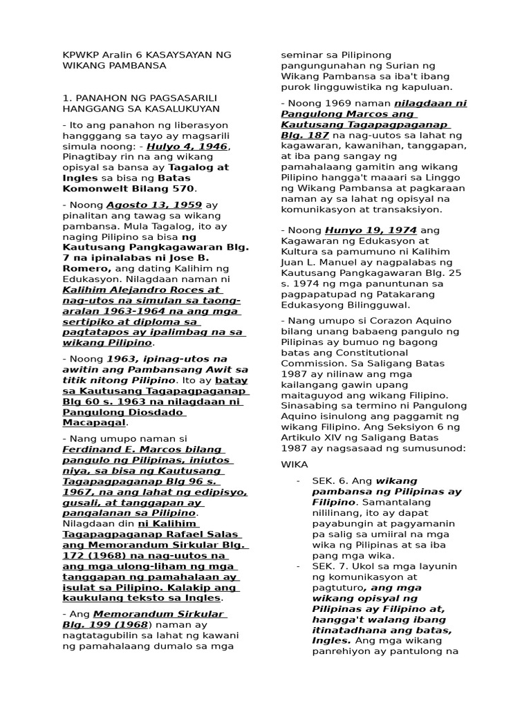 KPWKP Aralin 6 Kasaysayan NG Wikang Pambansa | PDF