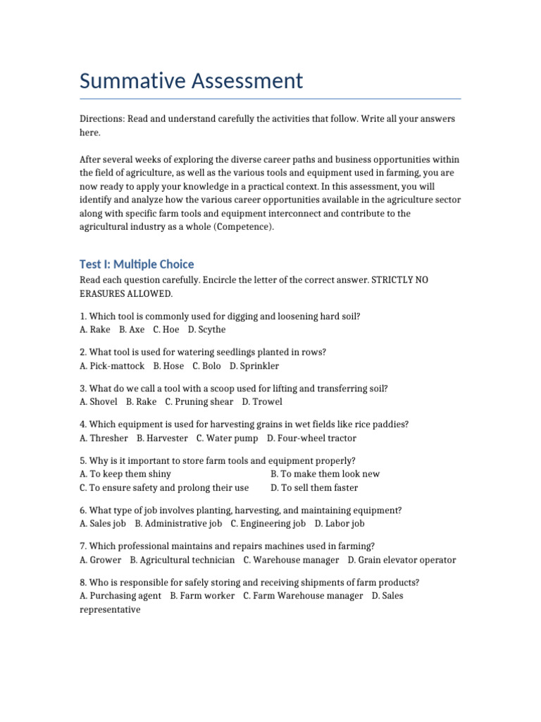 Agriculture Career Paths and Tools Assessment | PDF | Agriculture ...