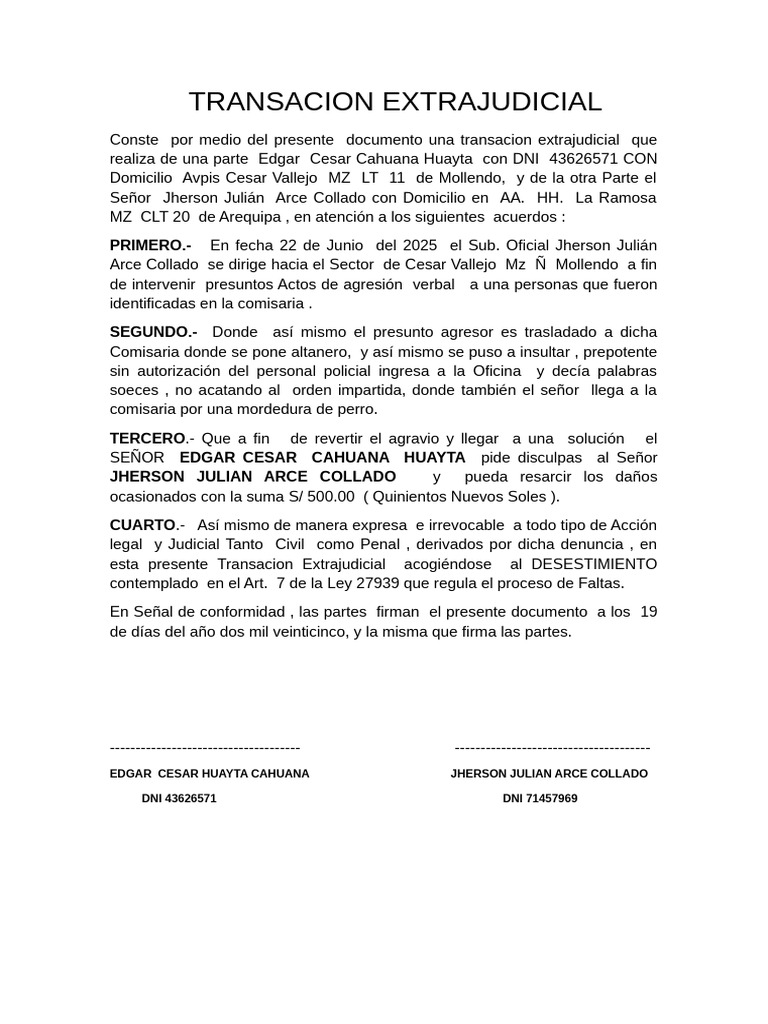 Transacion Extrajudicial Arce | PDF