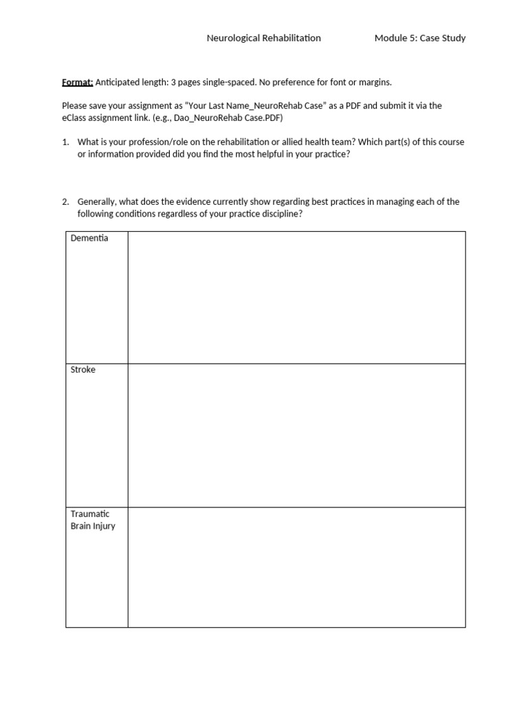 Neurological Rehabilitation Module 5 Case Study 2024 | PDF