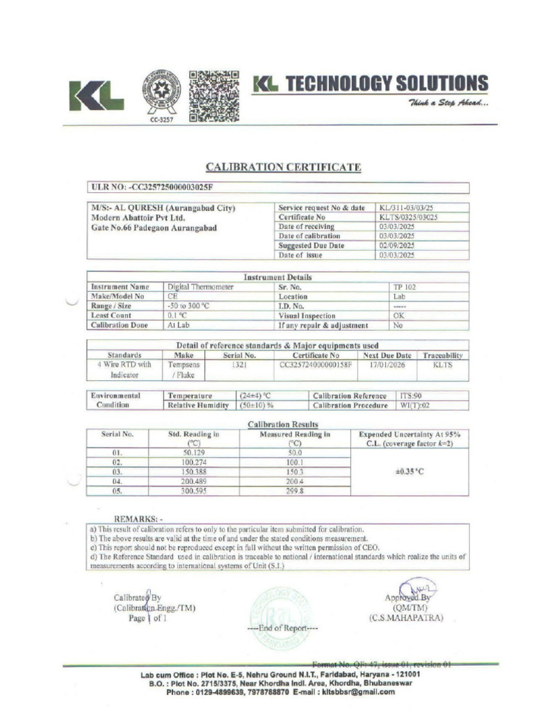 Thermometer Calibration Certificate | PDF