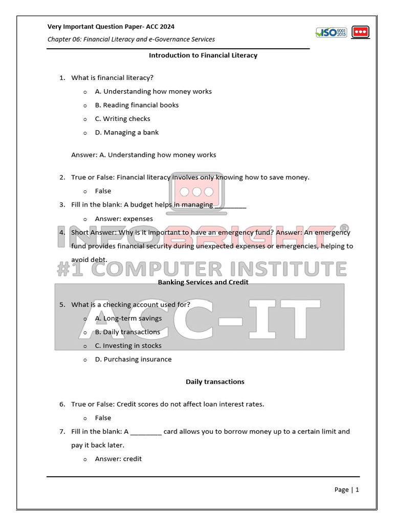 Chapter 6 ACC Set 2 FInancial LIteracy-1 | PDF | Debit Card | Credit Card