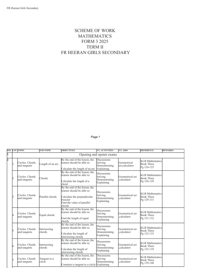 Form 3 Mathematics Scheme of Work | PDF | Matrix (Mathematics) | Circle