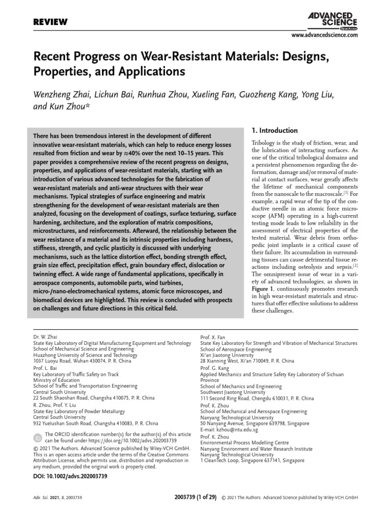 Recent Progress On Wear-Resistant Materials Design | PDF | Wear | Fracture