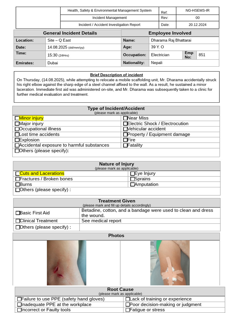 Minor Injury Incident Report - Dubai | PDF | Personal Protective ...