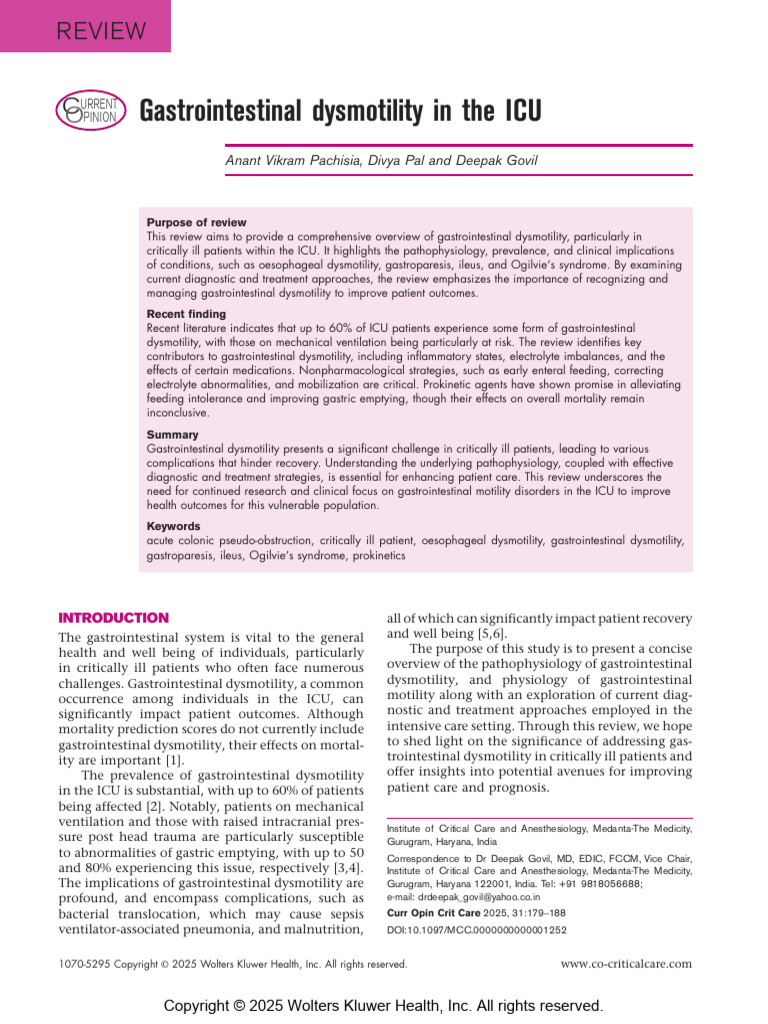 ICU Gastrointestinal Dysmotility Overview | PDF | Medical Specialties ...