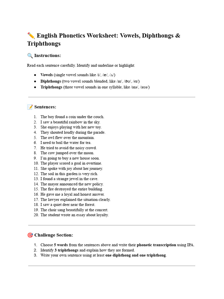 English Phonetics: Vowels & Sounds Worksheet | PDF