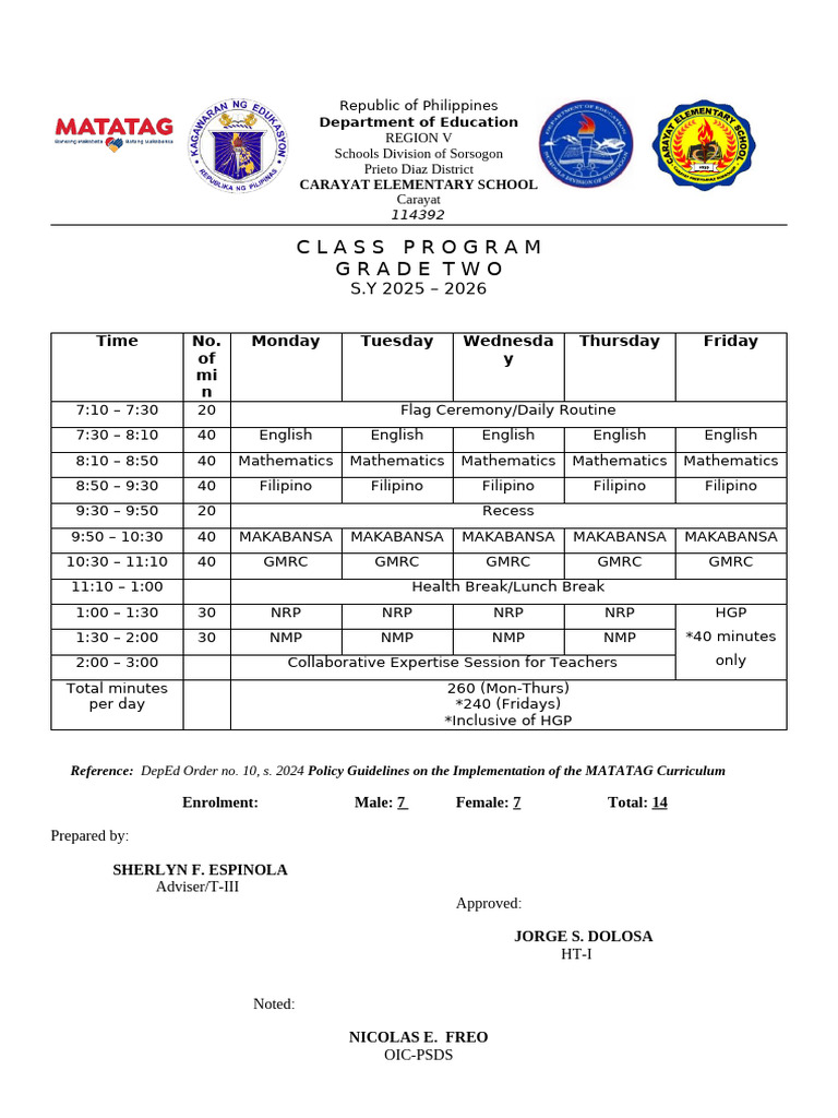 Grade 2 Class Program 2025-2026 | PDF | Philippines