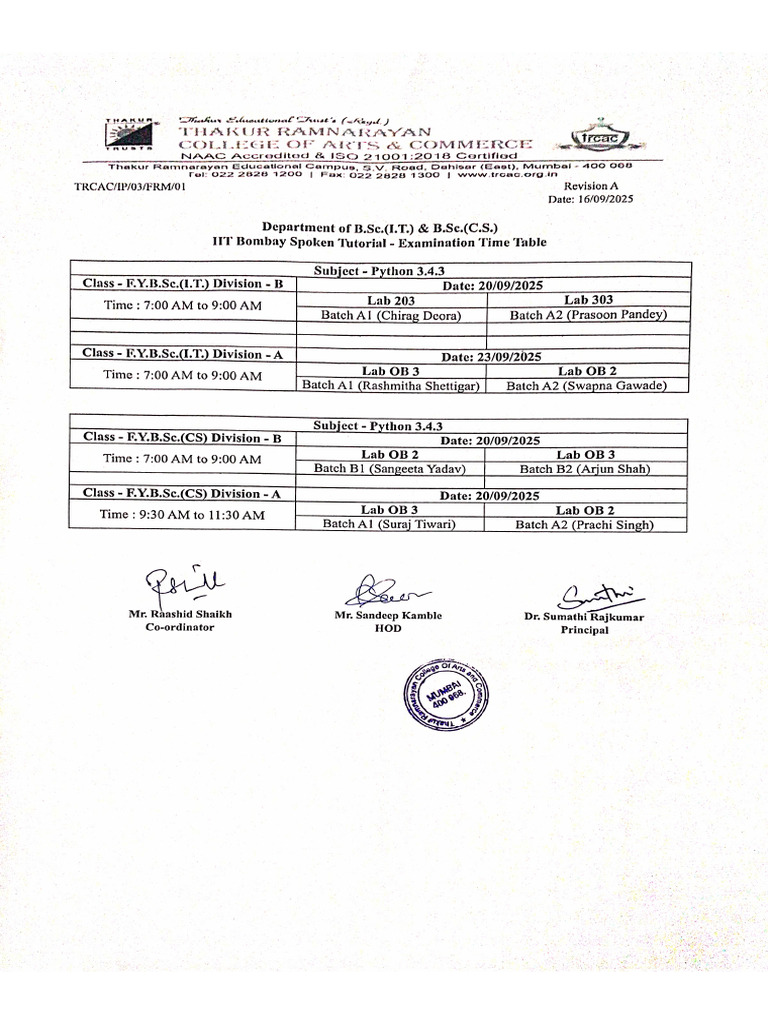 FY IIT Bombay Spoken Tutorial Exam Time Table | PDF