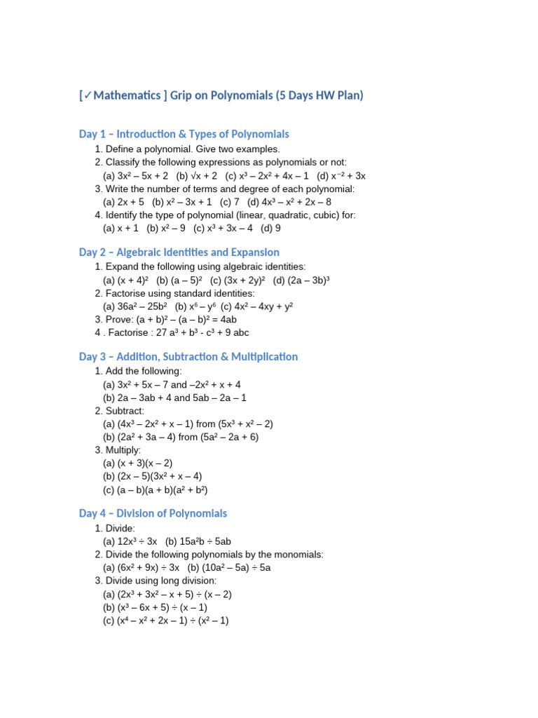 Class 9 Maths Polynomials Worksheet 2 | PDF