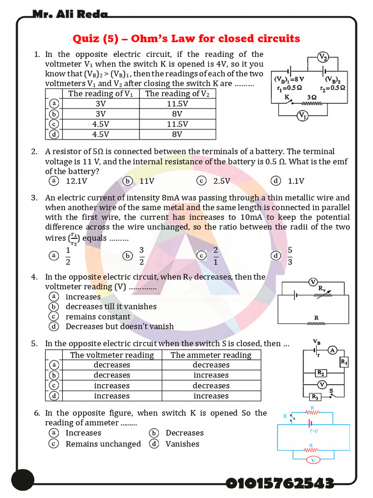Quiz 5 Ohm's Law For Closed Circuit | PDF | Electric Current | Voltage