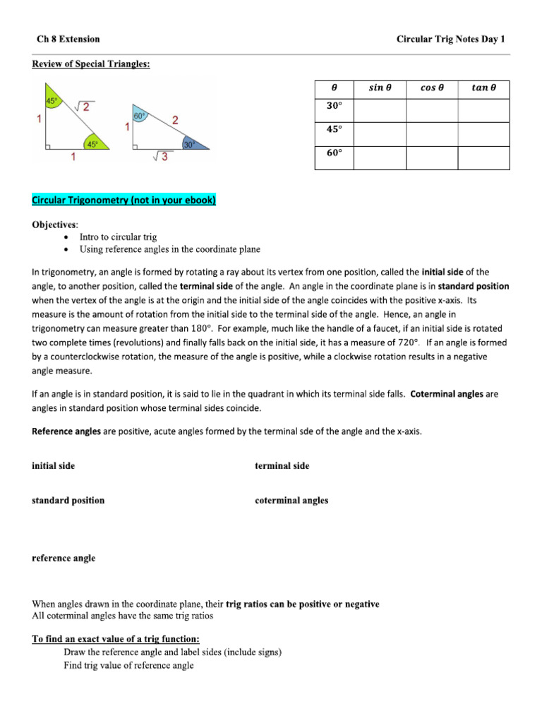 Circular Trig Notes Day 1 | PDF