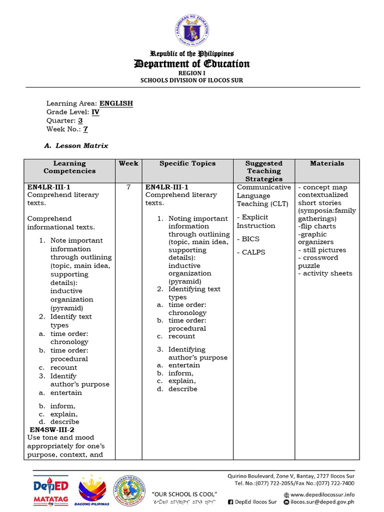Grade 4 English Lesson Plan Week 7 | PDF | Reading Comprehension ...
