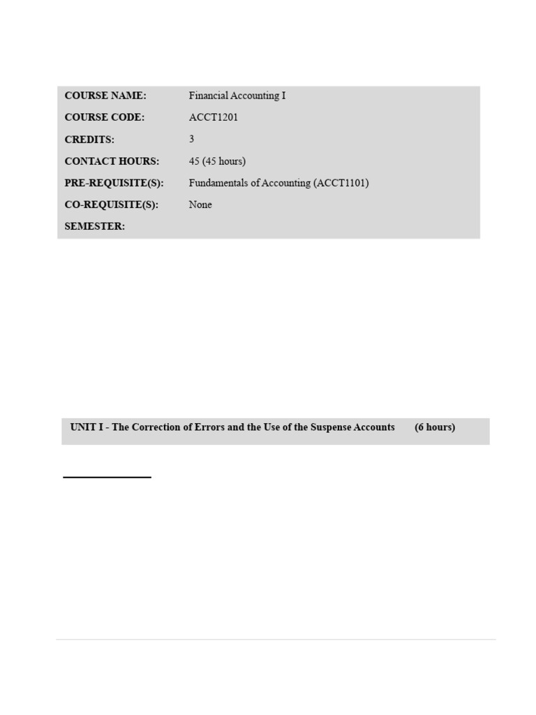 Financial Accounting 1 Course Outline | PDF | Equity (Finance) | Business