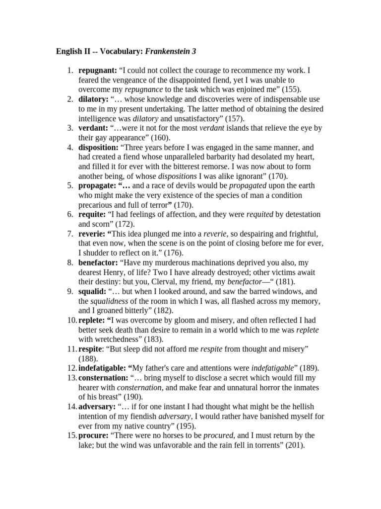 Vocab List - Frankenstein 3 | PDF