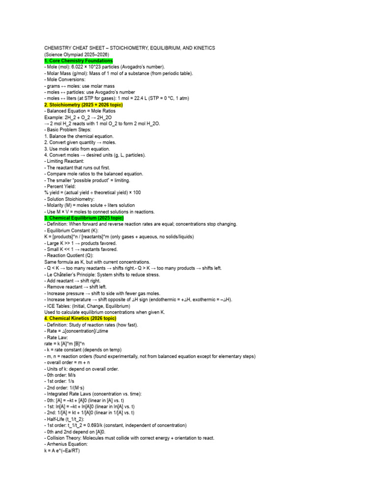 Chemistry Cheat Sheet - Stoichiometry, Equilibrium, and Kinetics | PDF ...