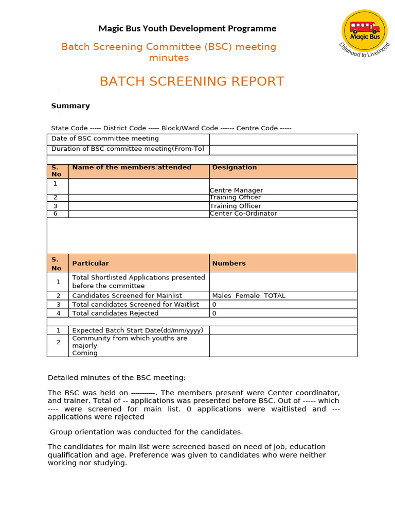 BSC Meeting Minutes for Magic Bus Program | PDF