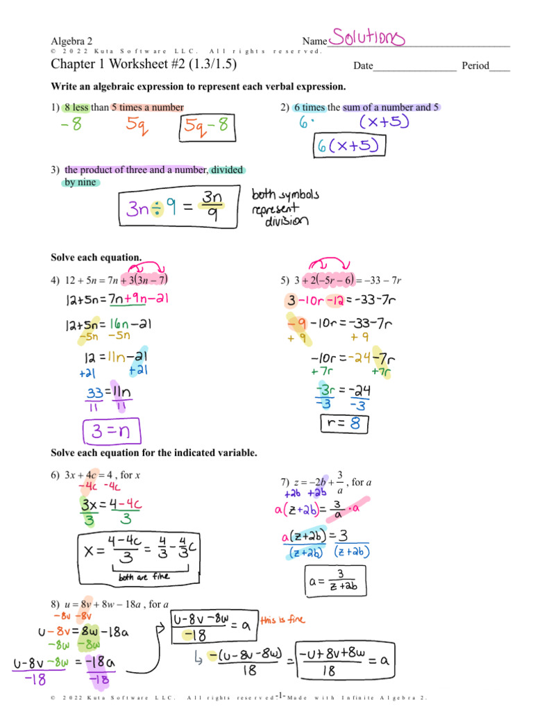 Algebra 2 Chapter 1 Worksheet Solutions | PDF | Abstract Algebra ...