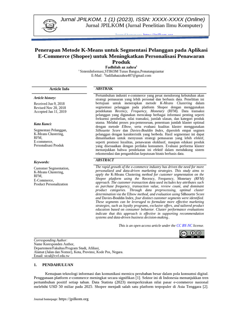 Penerapan Metode K-Means Untuk Segmentasi Pelanggan Pada Aplikasi E-Commerce (Shopee) Untuk ...