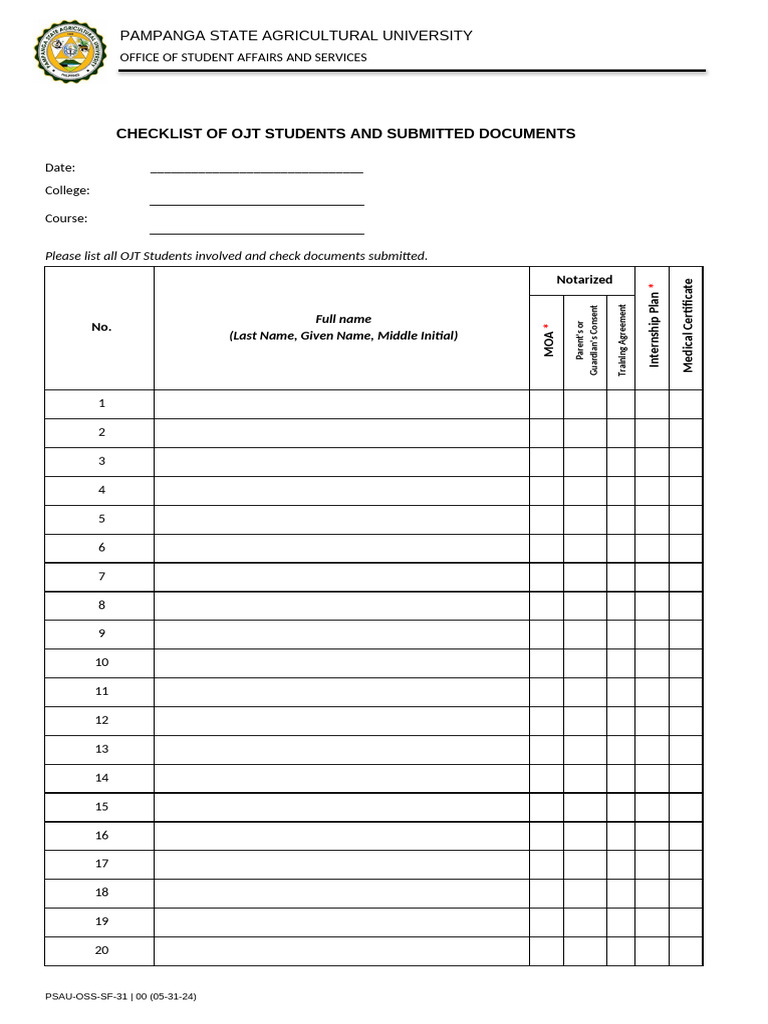 OJT Student Document Checklist | PDF