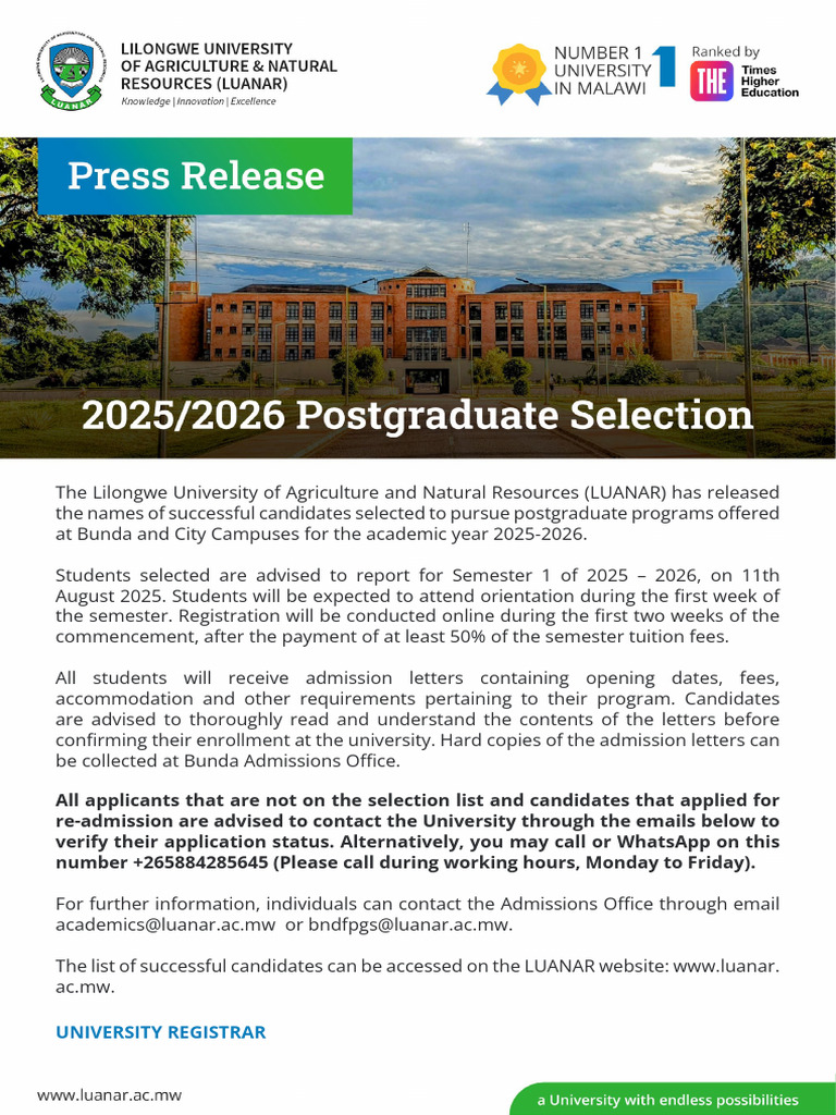 LUANAR 2025/2026 Postgraduate Selection | PDF | Science | Academia