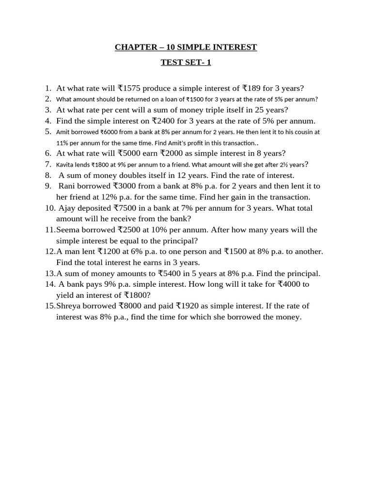 Class 7 Simple Interest Practice Questions | PDF | Interest | Banks